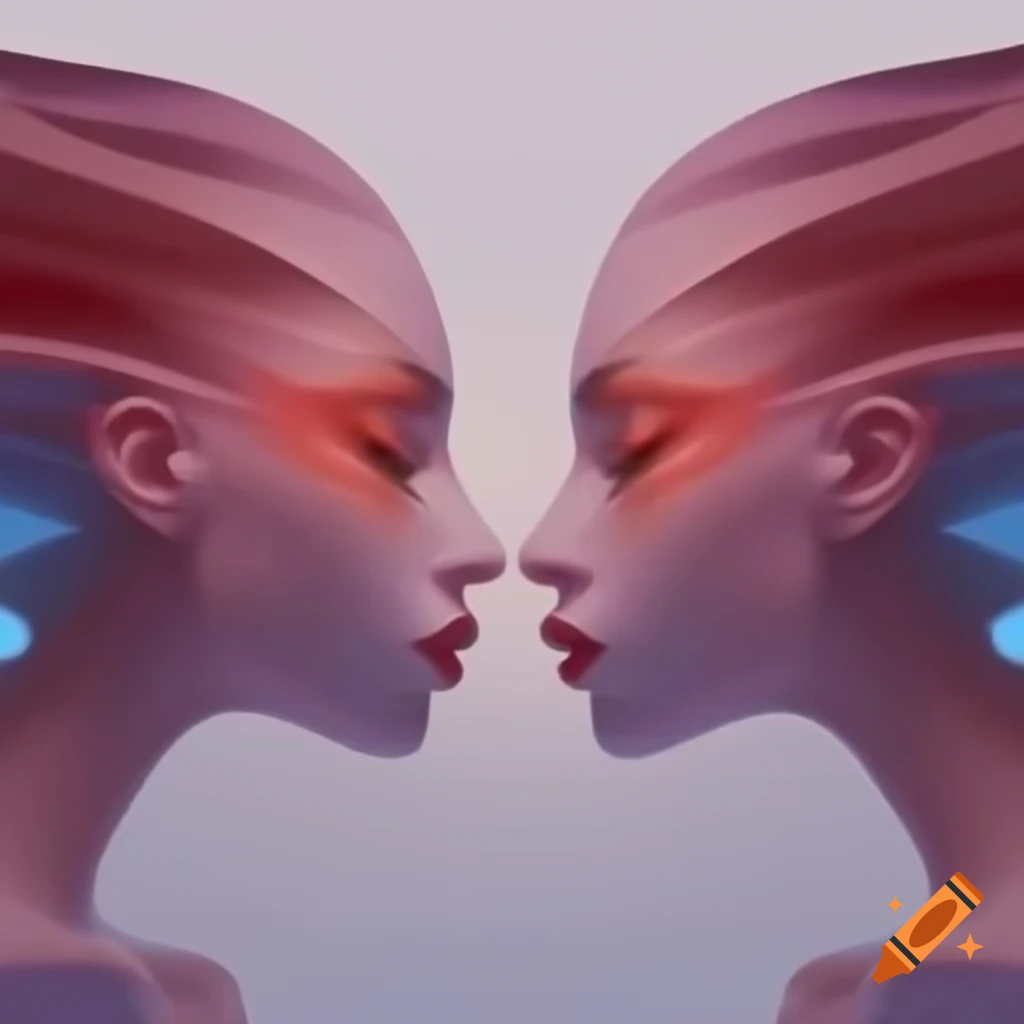 Surreal abstract profile of two faces close together with flowing lines ...