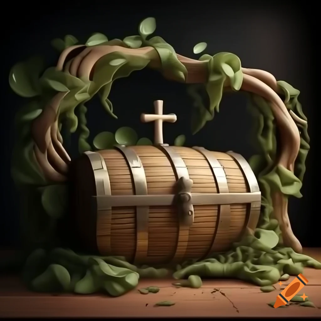 Oak treasure box with vine sculptures and growing vine on Craiyon