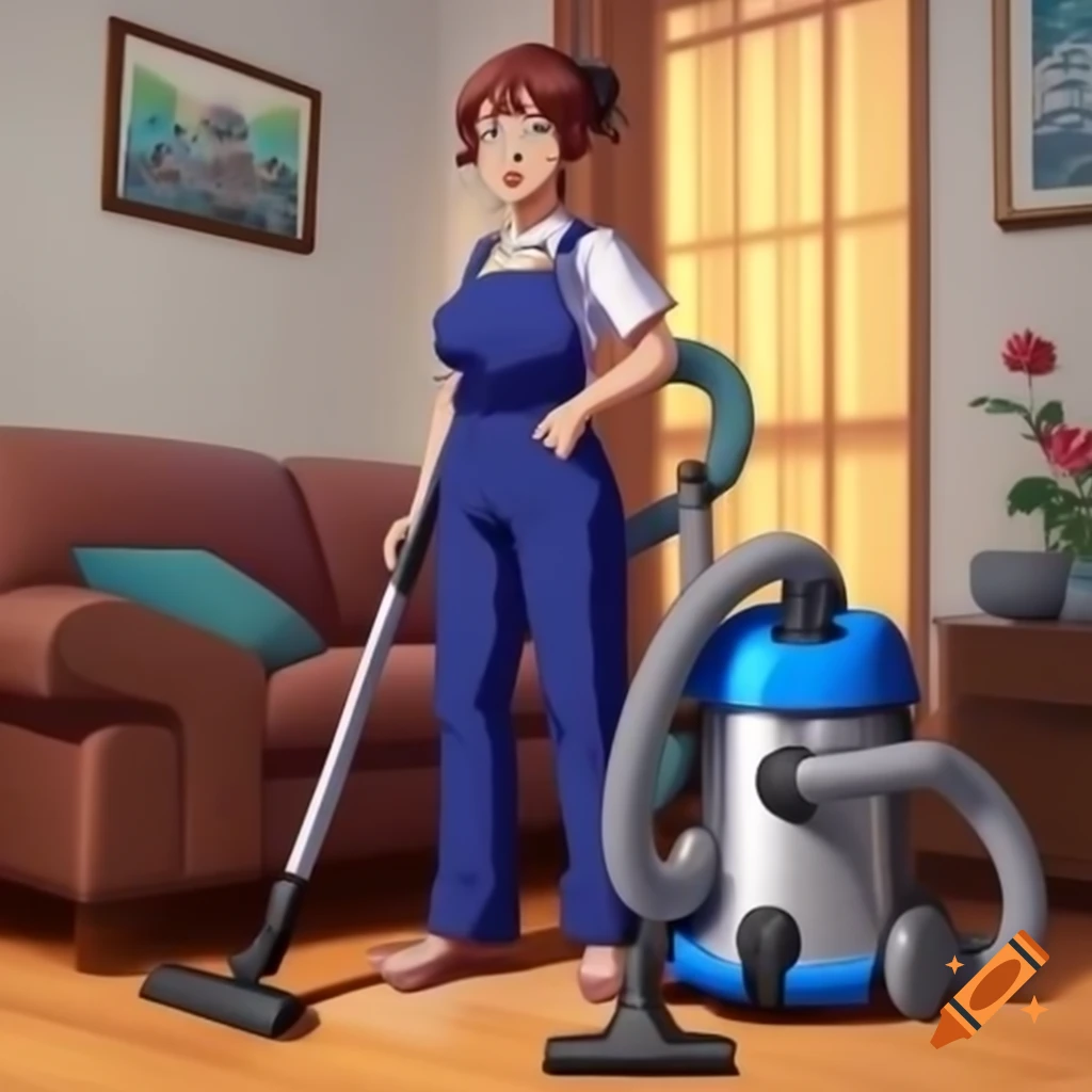 Anime woman in stylish jumpsuit in living room with industrial vacuum ...