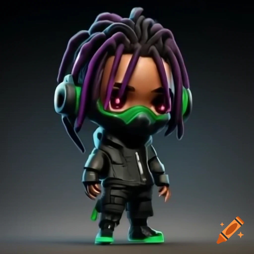 3D chibi boy cyberpunk character with dreadlocks and headphones on Craiyon