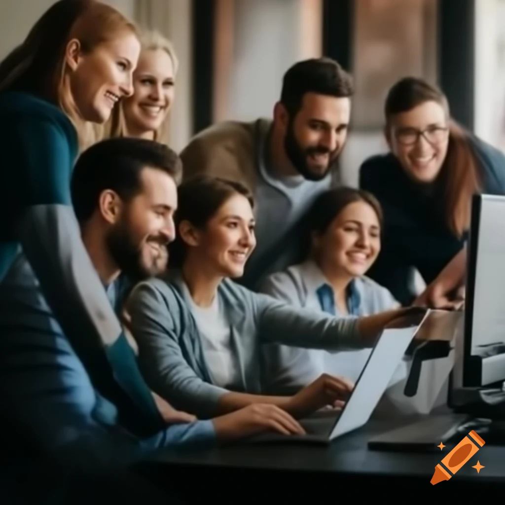 Diverse team collaborating in web services presentation on Craiyon