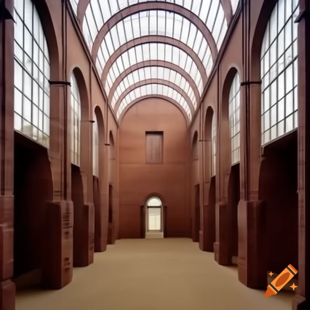 Roman-style chapel factory with alternating white and dark red brick walls and tall windows on ...