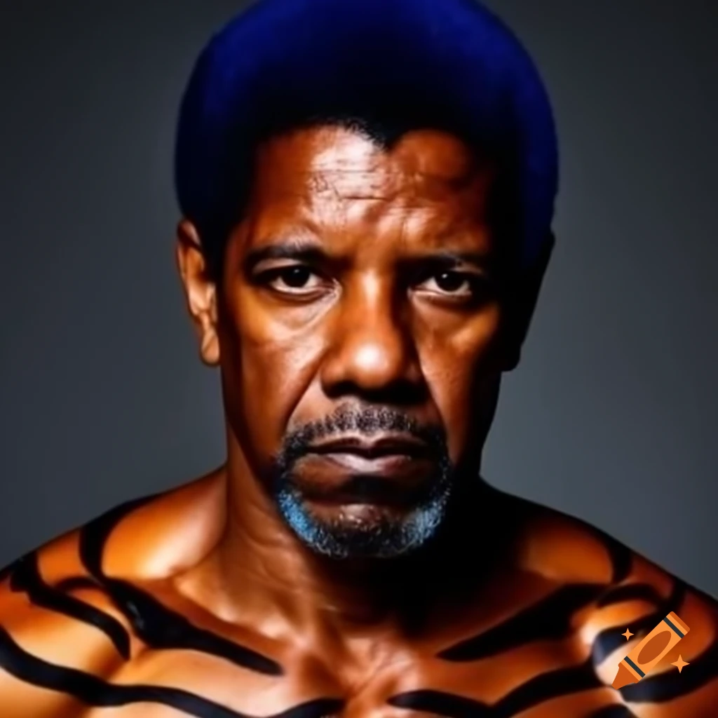 Muscular figure with tiger-style makeup featuring blue hair and orange ...
