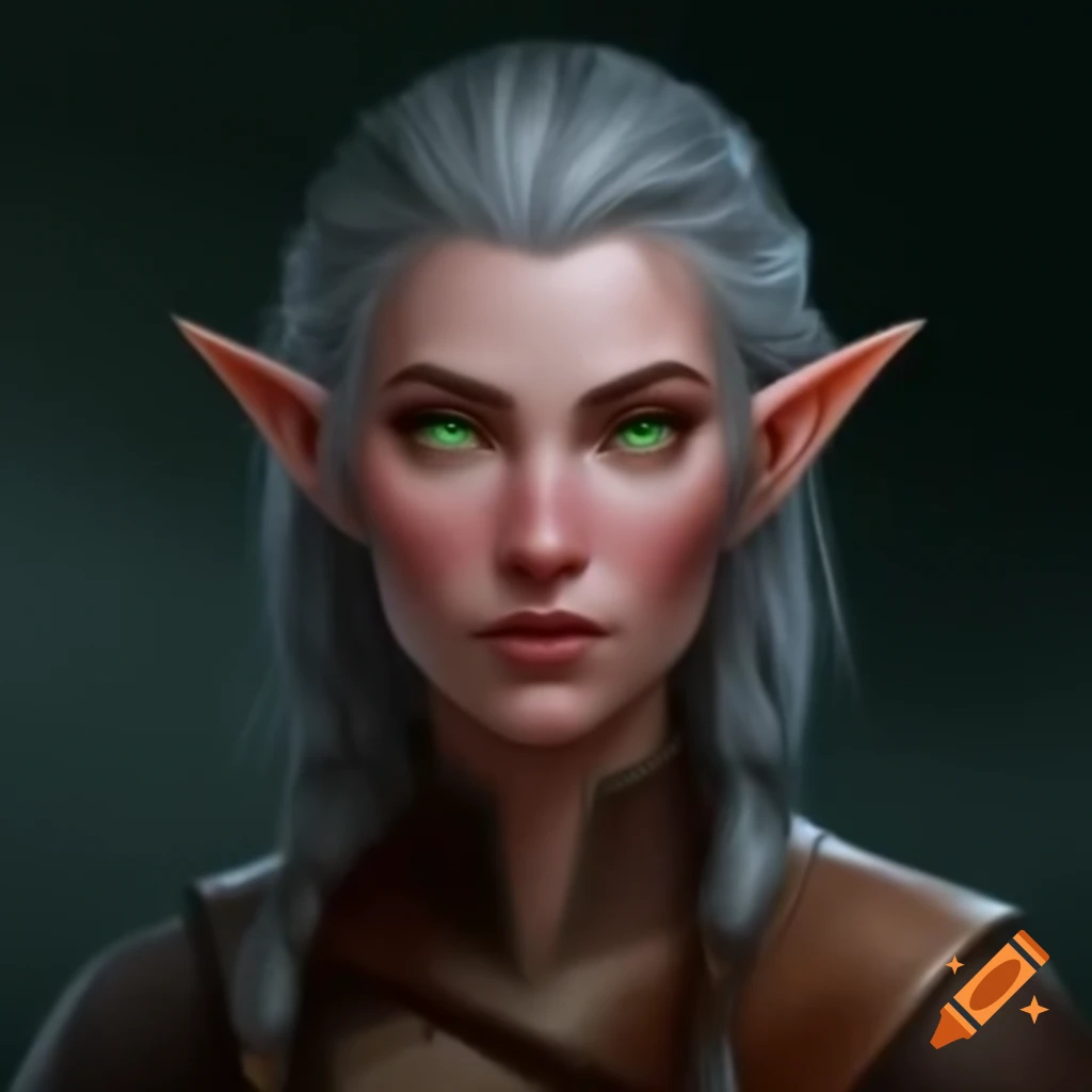 Female elf with gray hair and green eyes in leather tunic on Craiyon