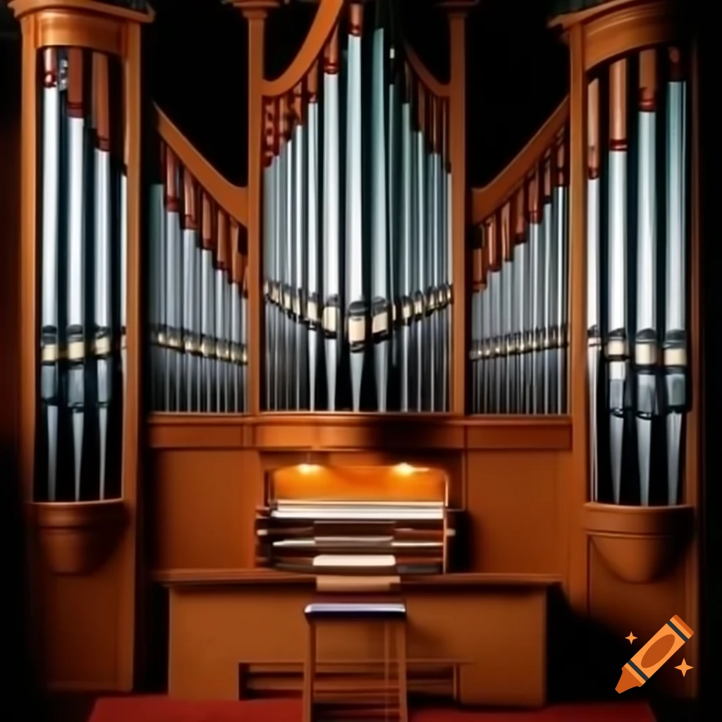 Front view of a pipe organ showcasing its intricate design on Craiyon
