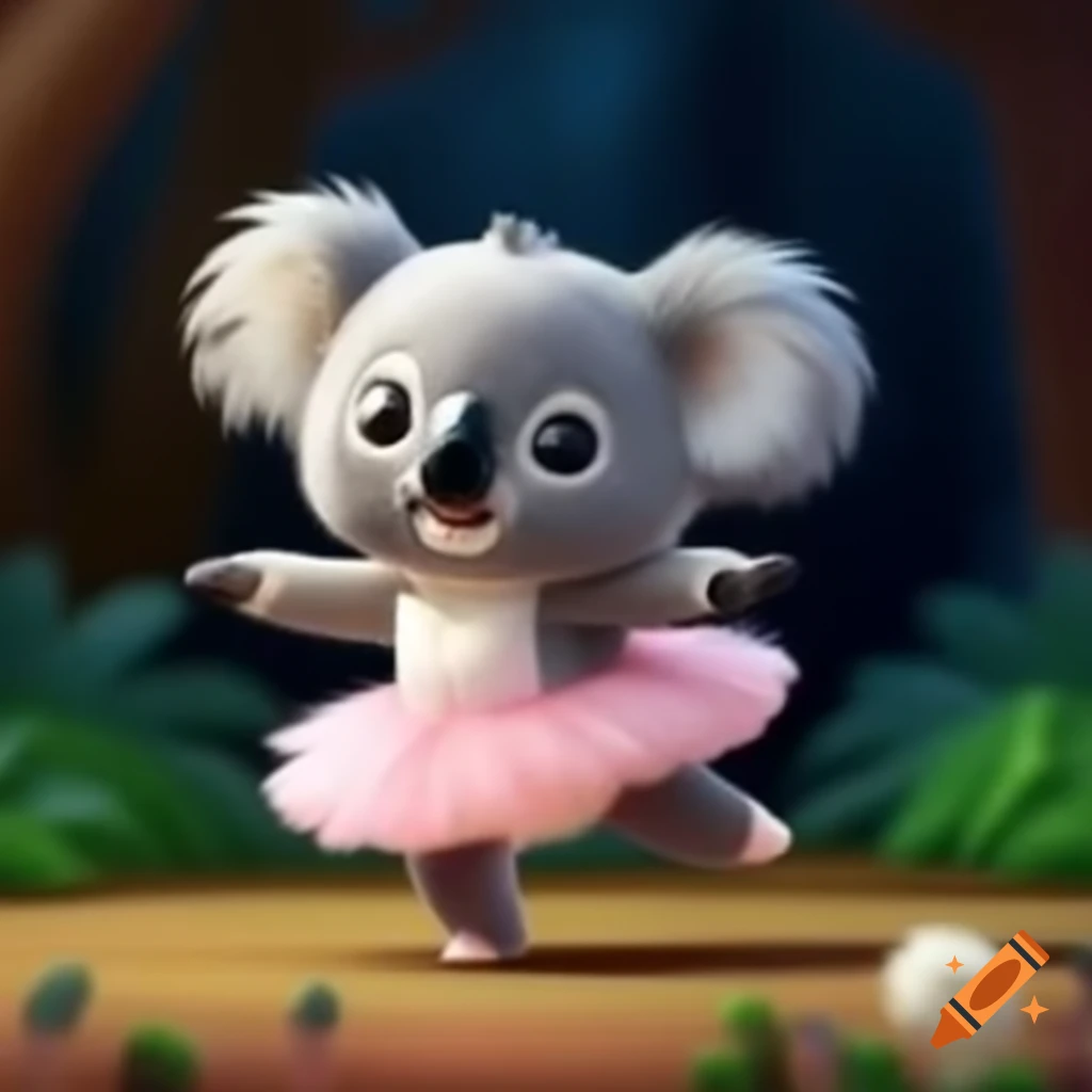 Cute koala with ballerina body in pink tutu dancing on stage on Craiyon