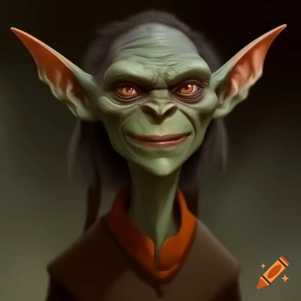 Skinny human-like goblin with grey skin and orange flat cap on Craiyon