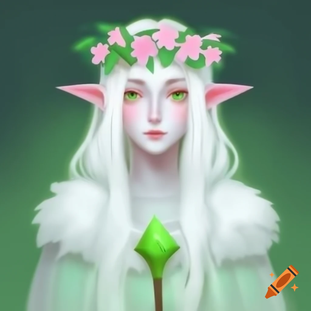 Fairy mage in white with green flower crown and pink scepter on Craiyon