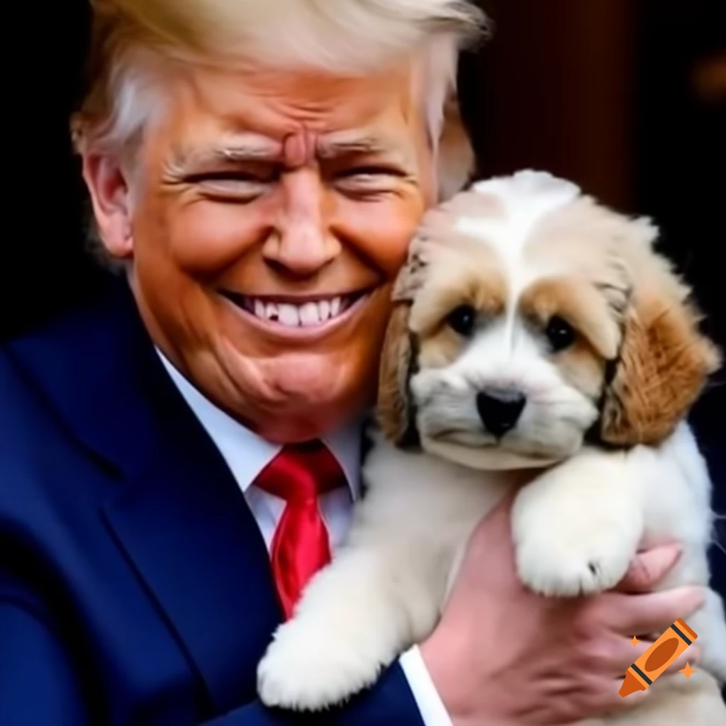 Donald Trump smiling and petting a fluffy puppy on Craiyon