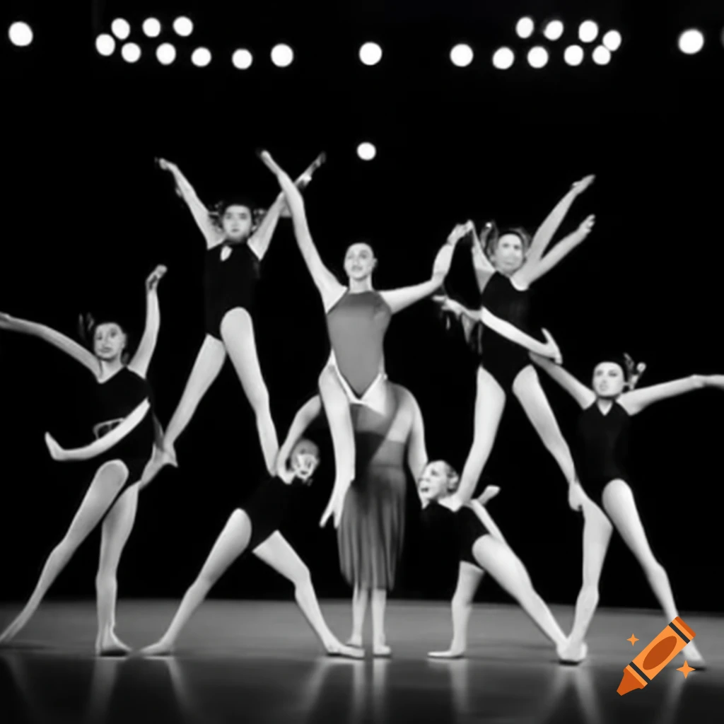 Group of gymnasts performing synchronized routine on stage on Craiyon