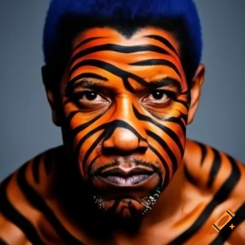Muscular man with tiger-style makeup featuring blue hair and orange ...