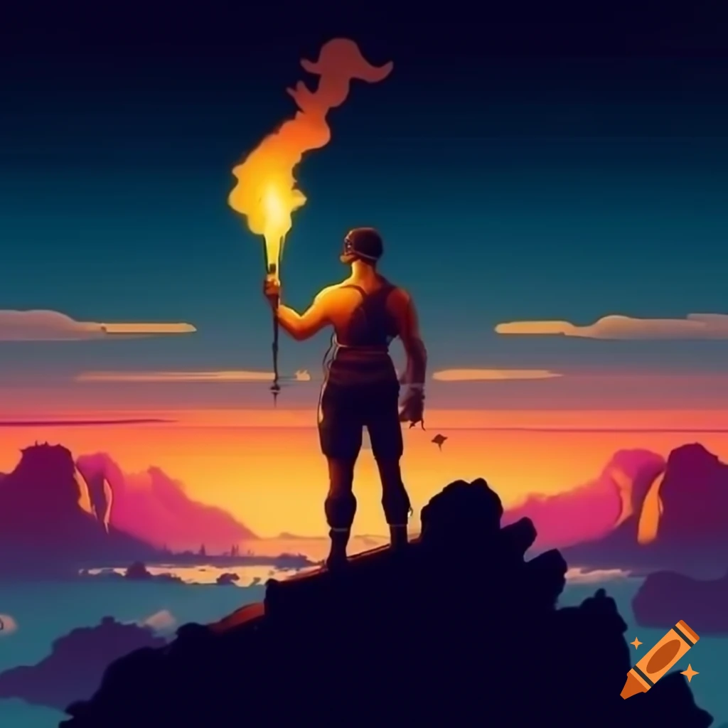 Silhouetted man on rocky cliff at sunrise holding glowing torch on Craiyon