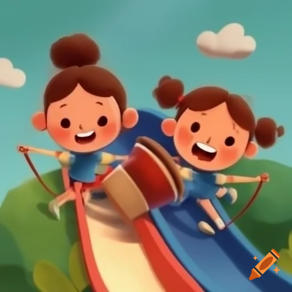 Two girls playing drums and sliding on a playground slide on Craiyon