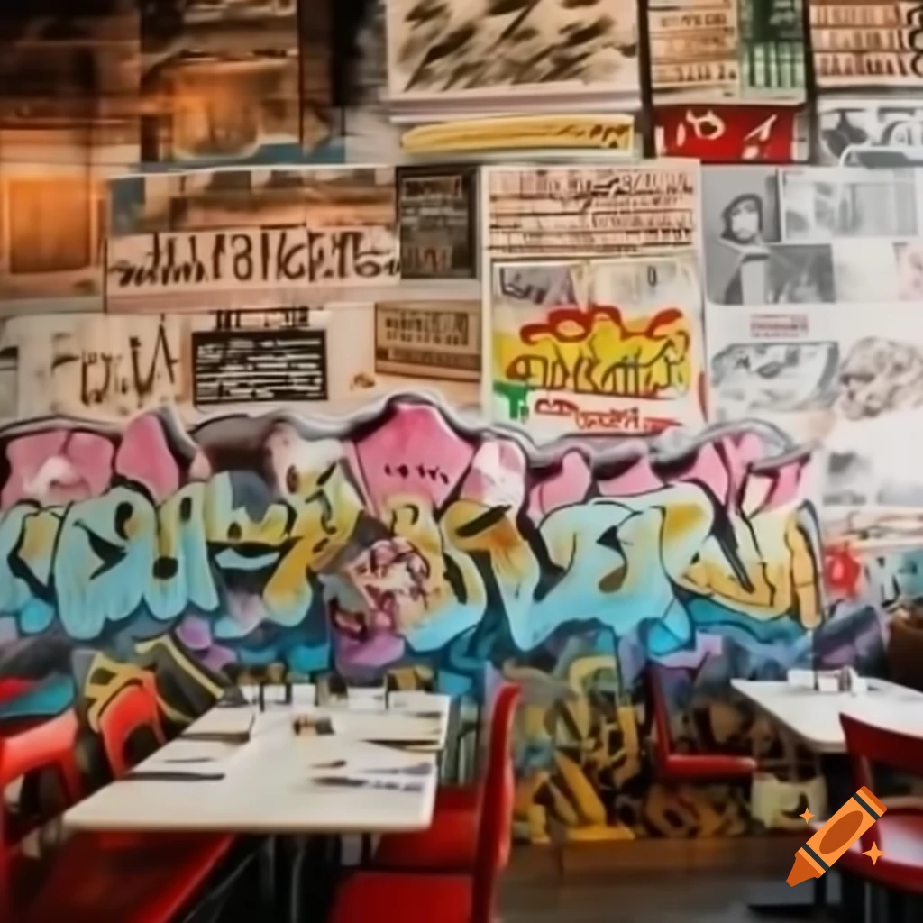 Graffiti-covered wall depicting street food restaurant's history and ...