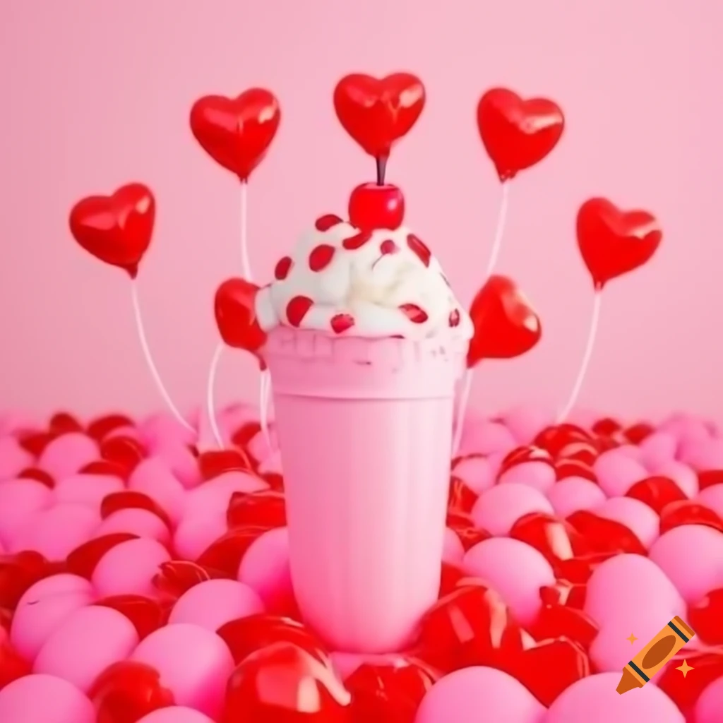 Pink balloon ponytail milkshake topped with cherry and small red hearts ...