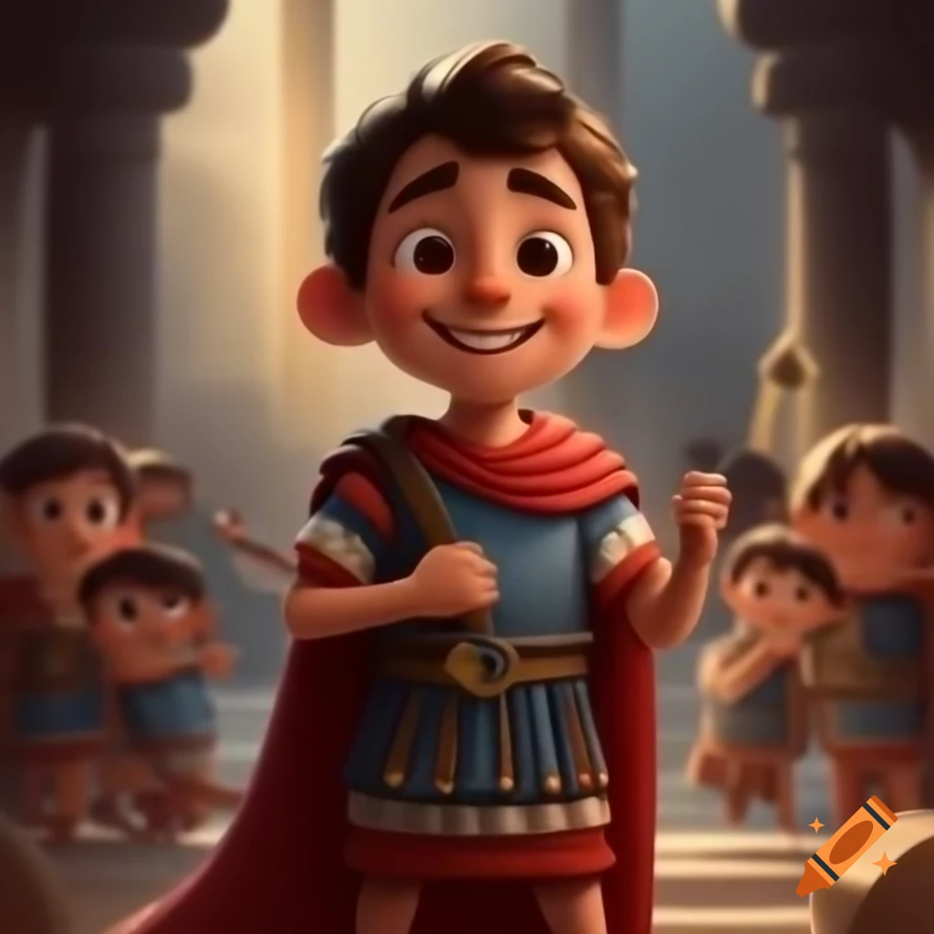 Cartoon Roman schoolboy with wax tablet and stylus in ancient classroom ...
