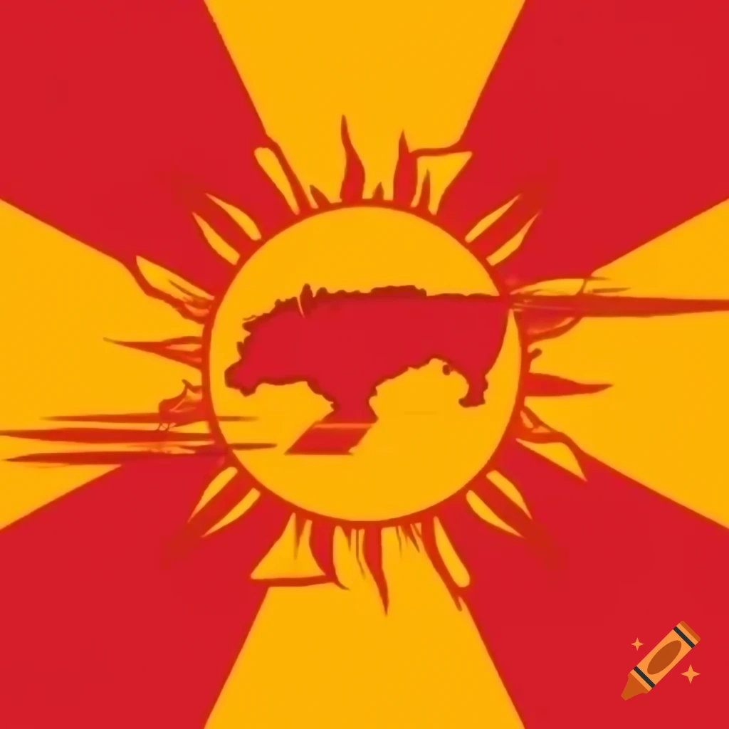 Country flag featuring sun design in yellow, red, and orange colors on ...