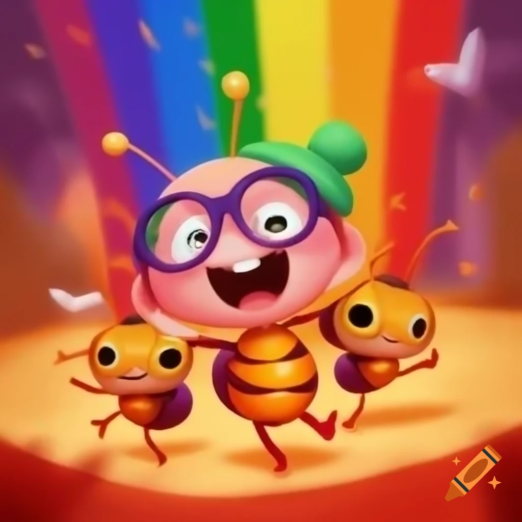 Adorable baby ant characters dancing under vibrant rainbow with comical ...
