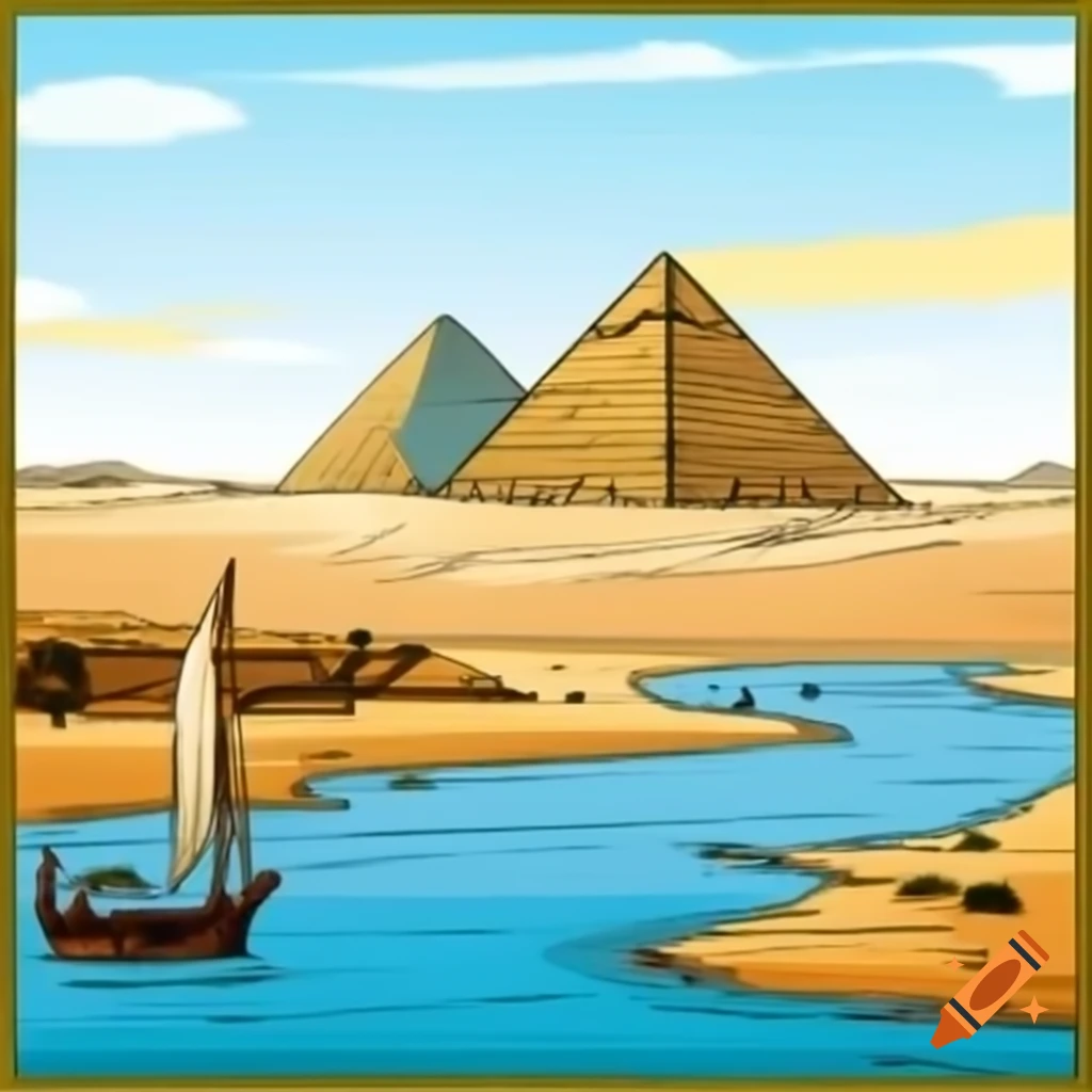 Comic illustration of Egypt featuring pyramids and the Nile River with ...