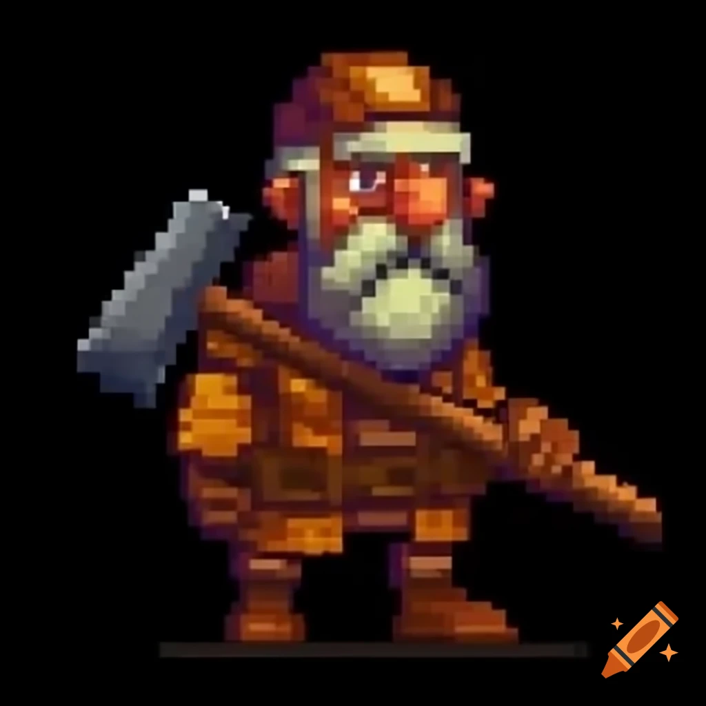 Pixelated old man miner in medieval attire holding pickaxe, front view ...