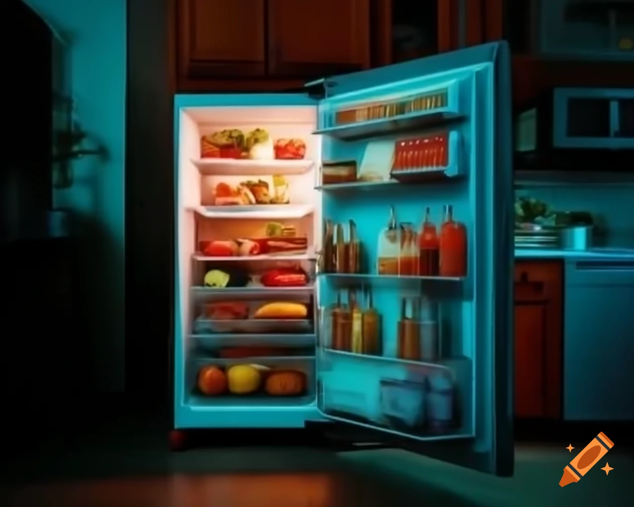 Fridge filled with food left open in kitchen at night on Craiyon