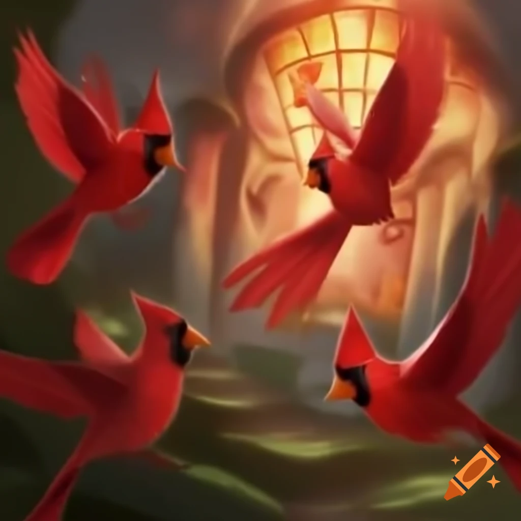 Crimson cardinals flying in bird sanctuary, symbolizing balance of ...