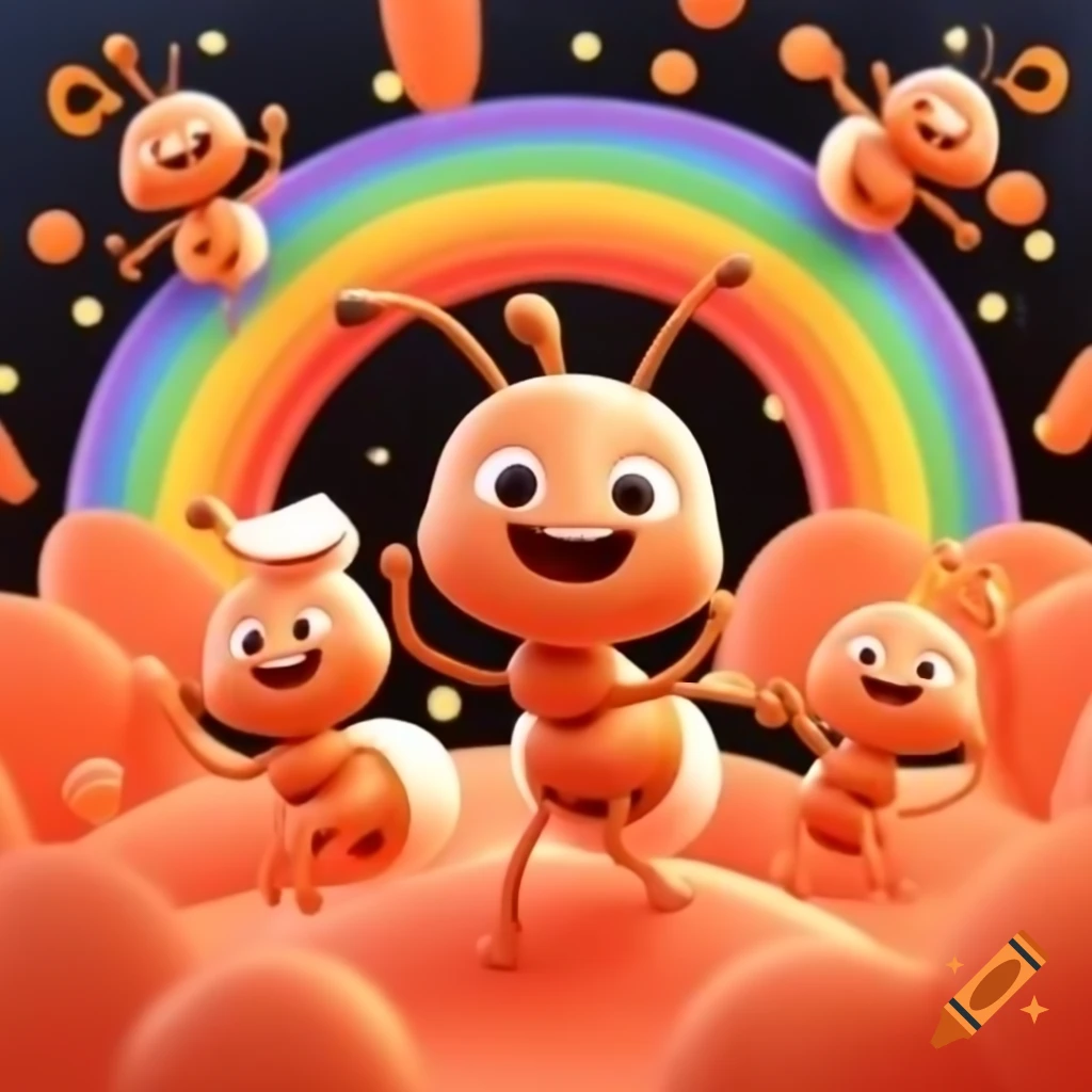 Adorable baby ant characters dancing under vibrant rainbow with comical ...