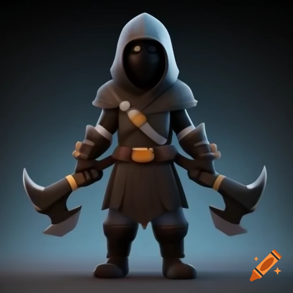 3D cartoon black fantasy ranger with hood holding two daggers on Craiyon
