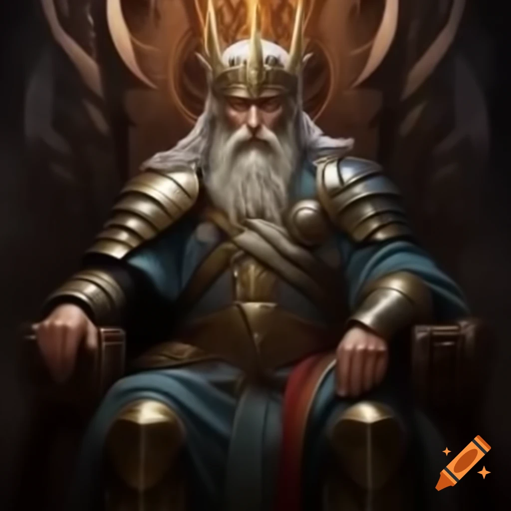 Majestic figure resembling Odin in ornate armor seated on a godly ...