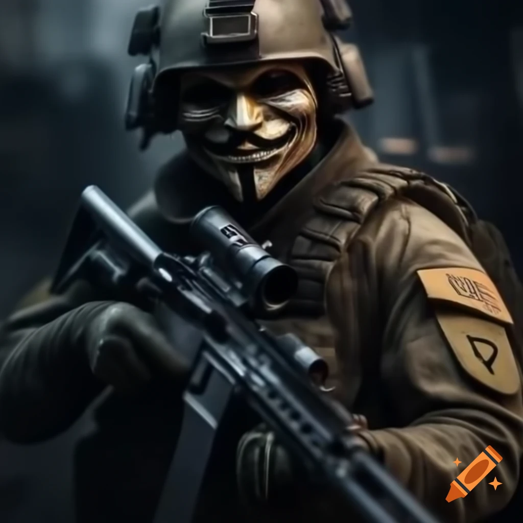 Counter-Strike character with anonymous mask holding M4A1 rifle on Craiyon