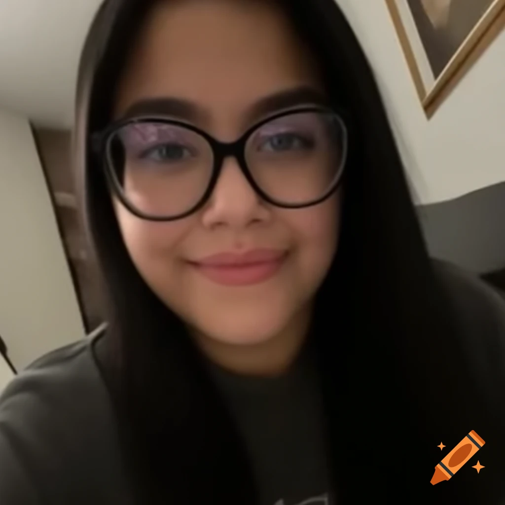 Nerdy Latina woman with glasses smiling for selfie in her room on Craiyon