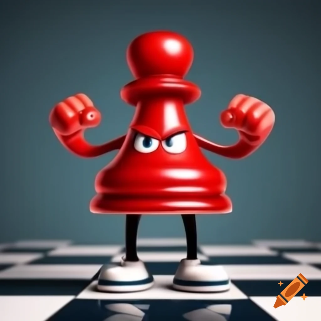 Bold red pawn chess piece mascot with arms and legs, glowing top on Craiyon