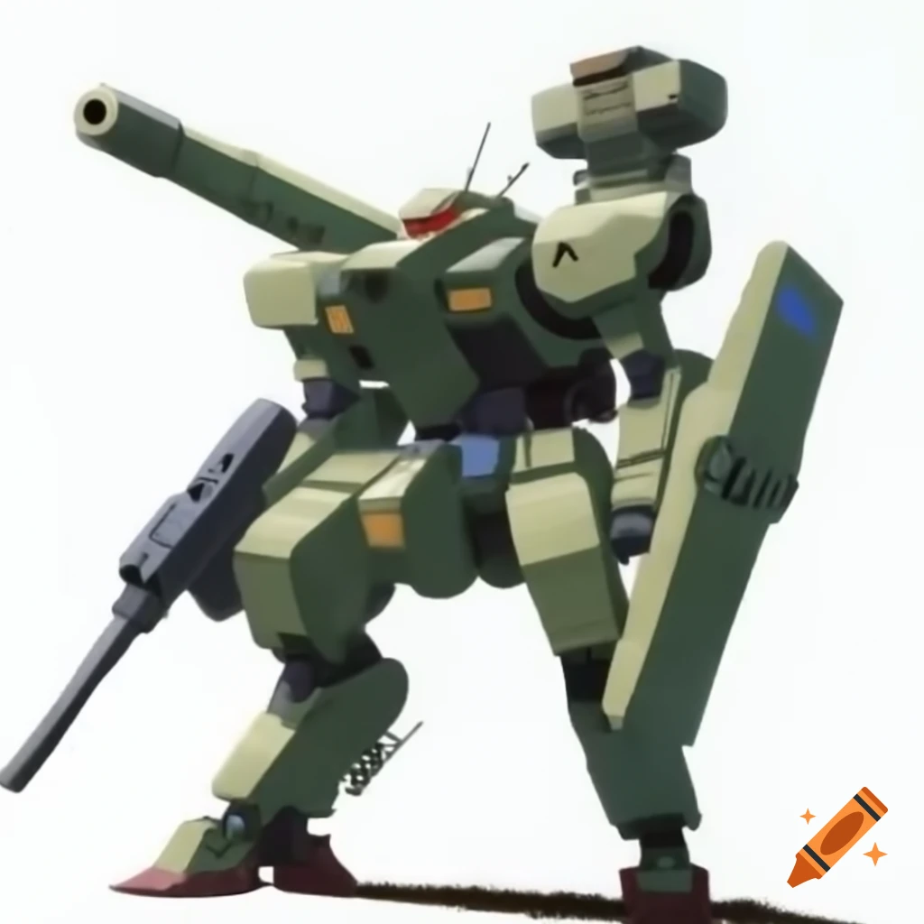Mecha with submachine gun and tower shield on white background on Craiyon