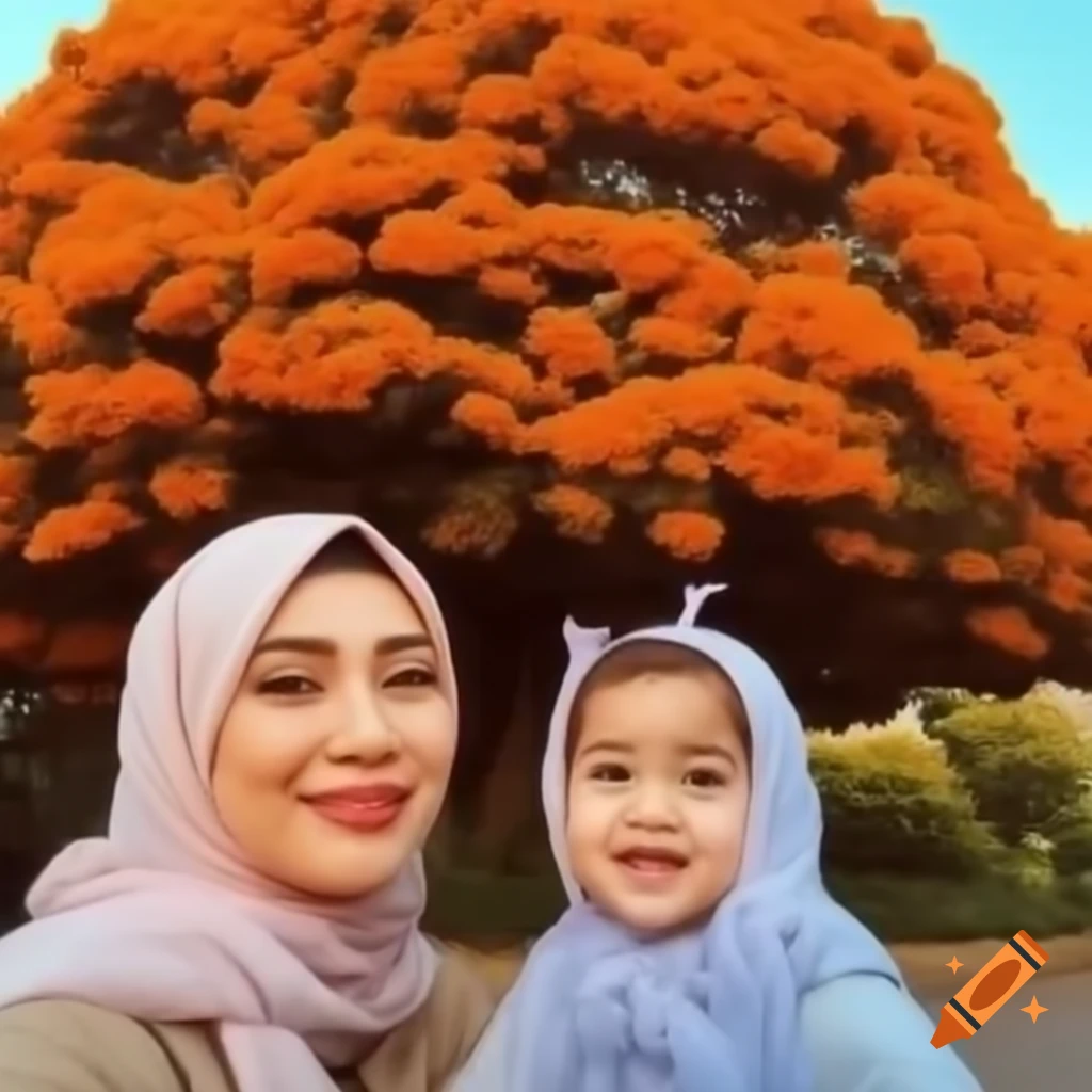 Mother and daughter selfie by thriving orange tree in bright midday sun on Craiyon