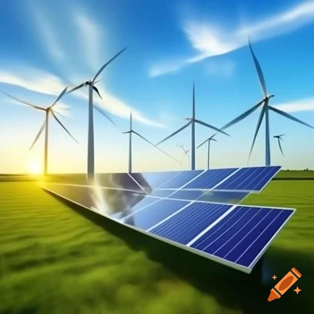 Renewable energy art featuring solar panels and wind power on Craiyon