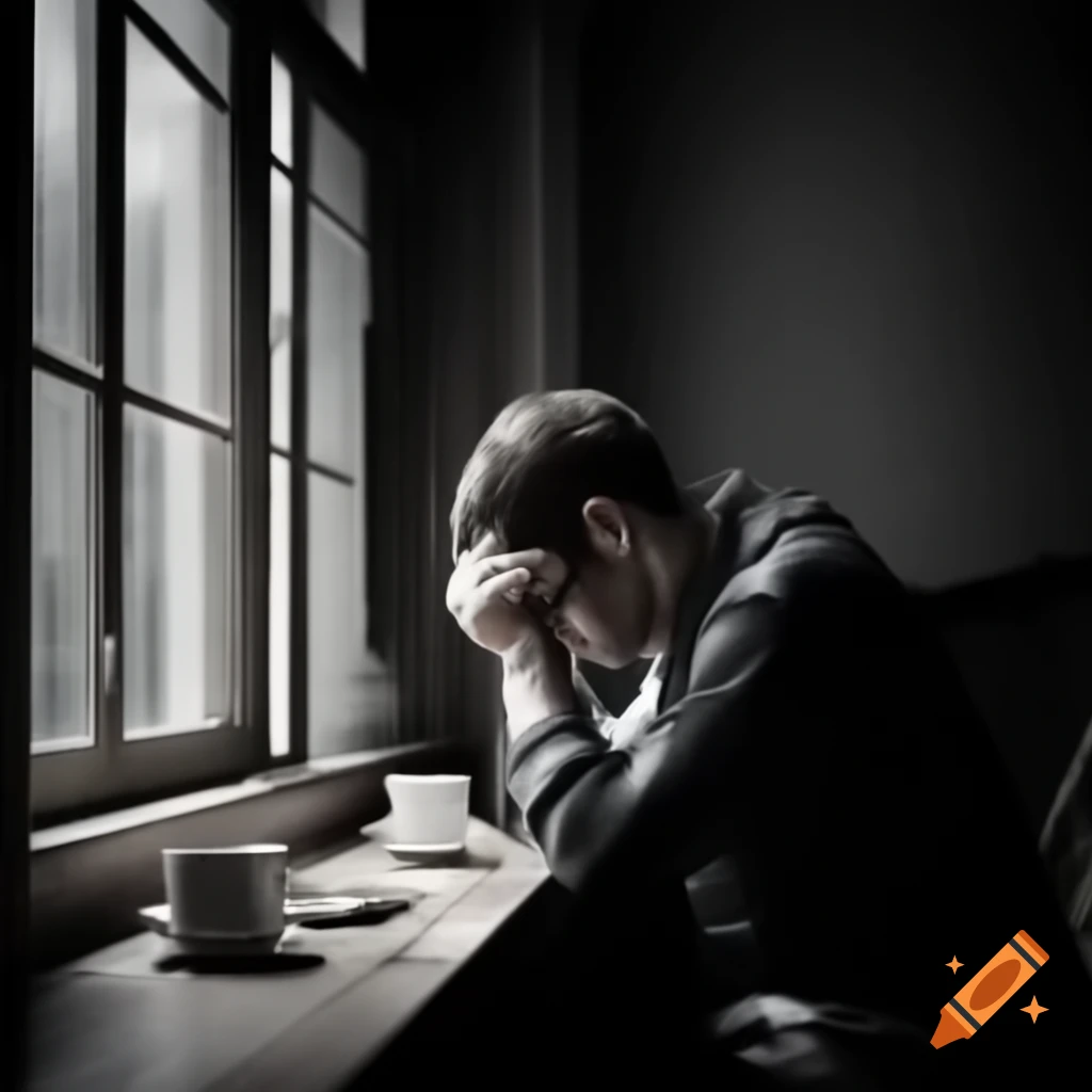 Man with regretful expression sitting by window with two cups of tea on ...
