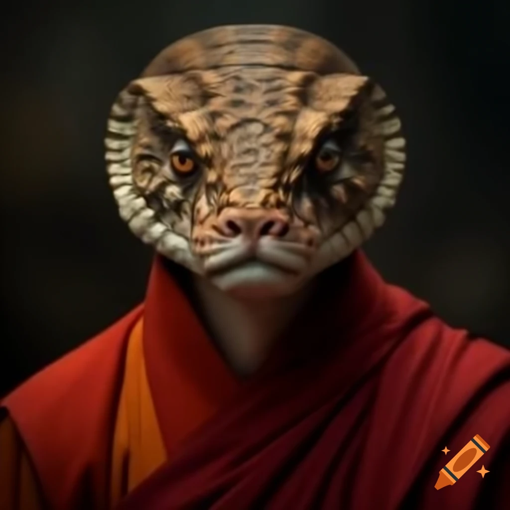 Monk in red robes with rattlesnake head, surreal art on Craiyon