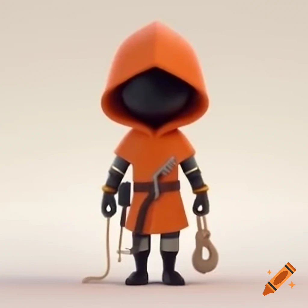 Cartoon 3D medieval ranger in black and orange with hood holding rope ...
