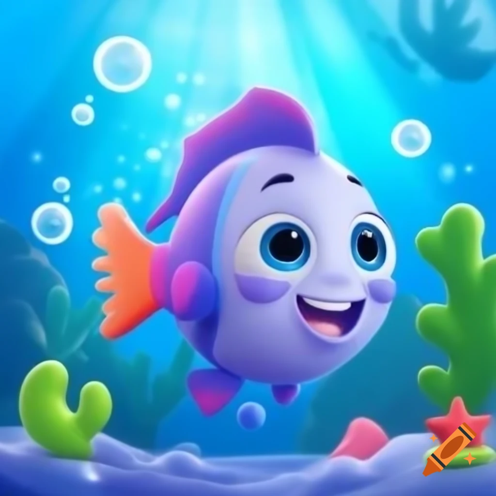 Colorful cartoon fish with sparkly fins in bubbly underwater scene on ...