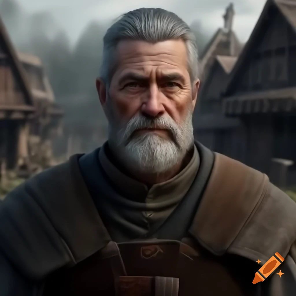 Middle-aged man in medieval clothing standing in rustic village square ...