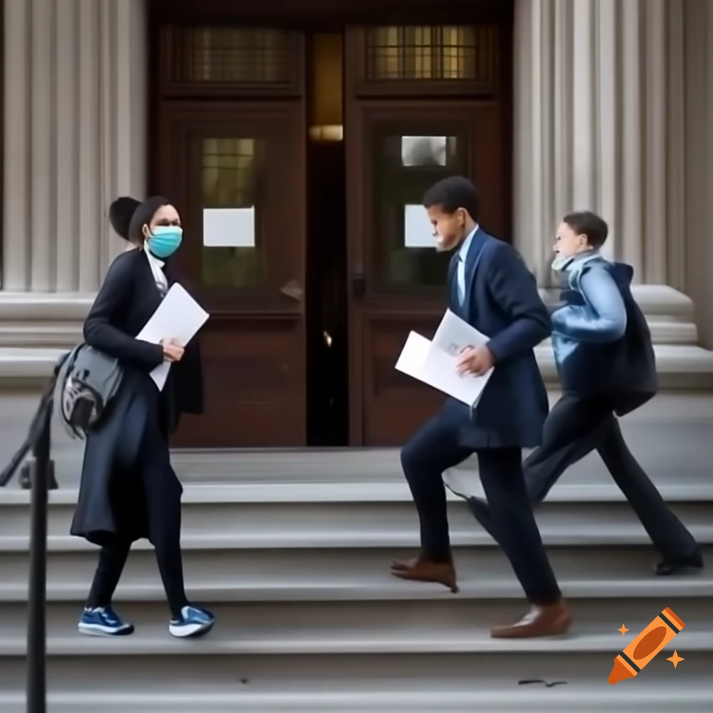 Student rushing through city, arriving at locked university door on Craiyon