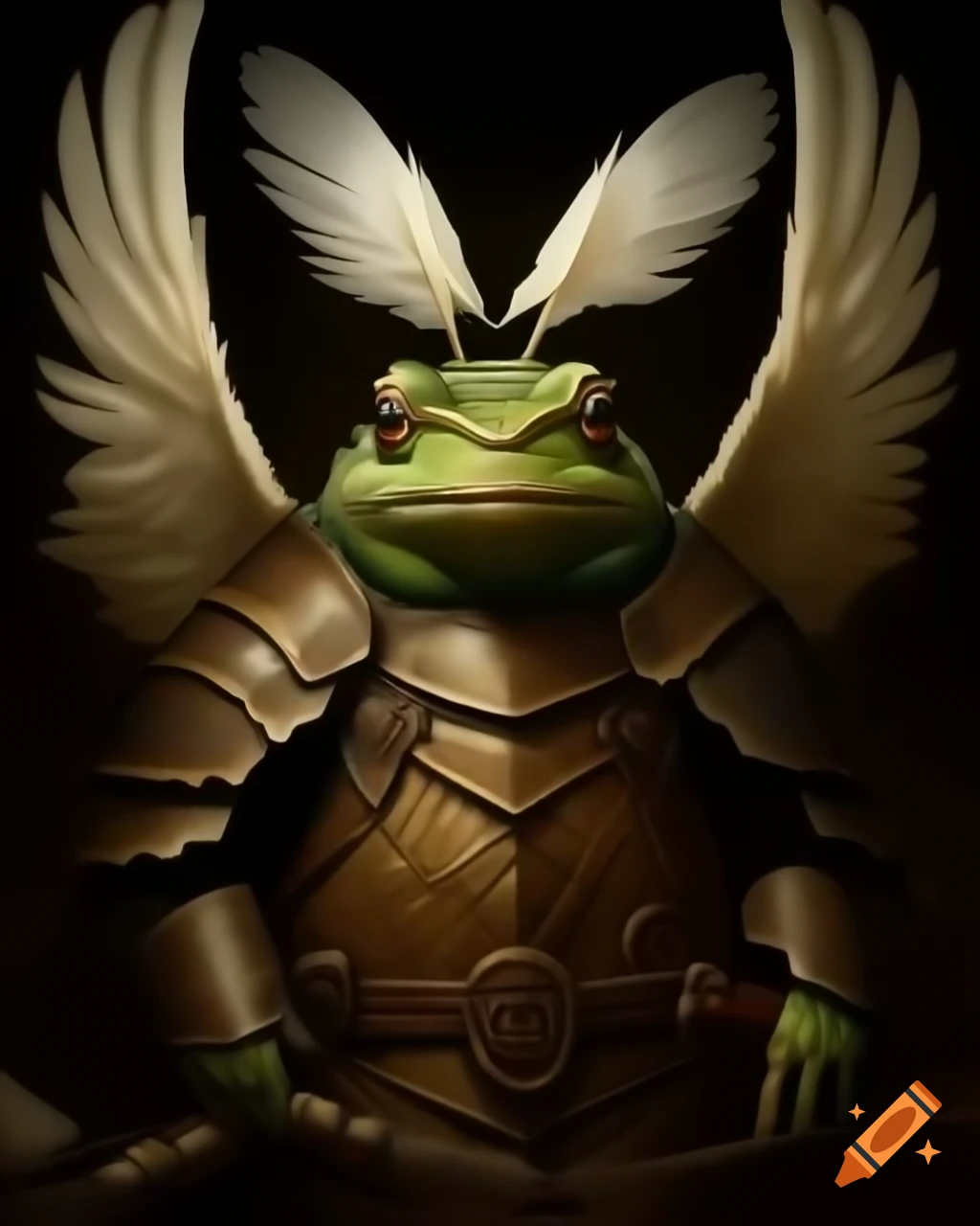 Frog warrior in shining armor with angelic wings, staring intently on ...