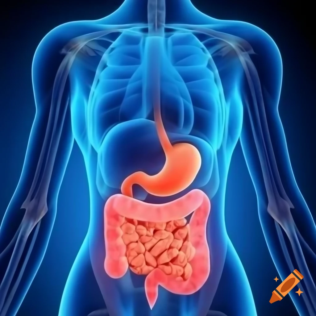 3D illustration of human body highlighting stomach and intestines on ...
