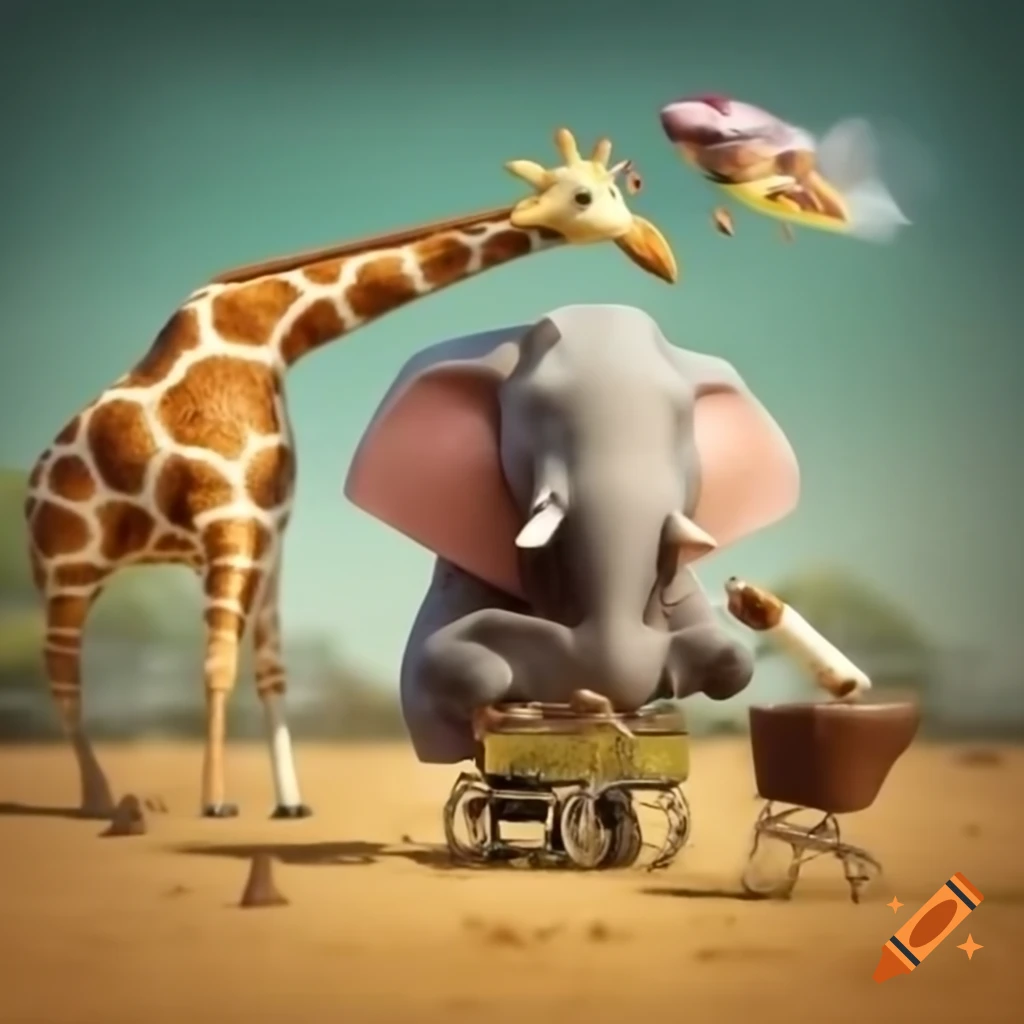 Whimsical giraffe-elephant morph smoking cigar with chicken in playful ...