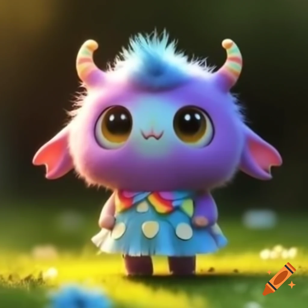 Cute colorful monster with rainbow dress and big eyes on Craiyon