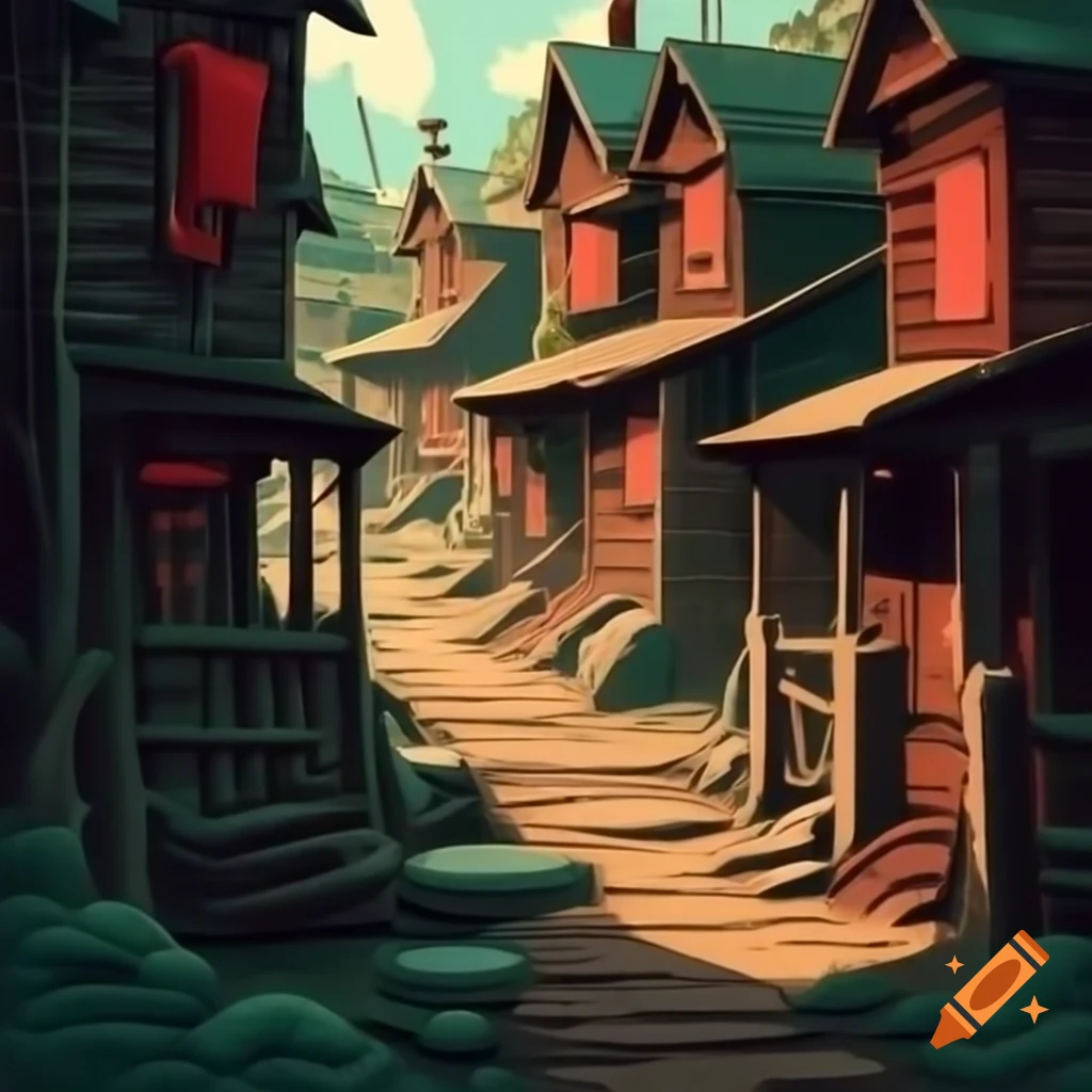 Narrow stone path between crooked wooden homes with glowing symbols and ...