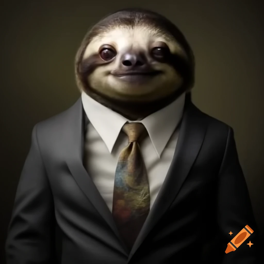 Sloth dressed in a three-piece business suit, humorous concept on Craiyon