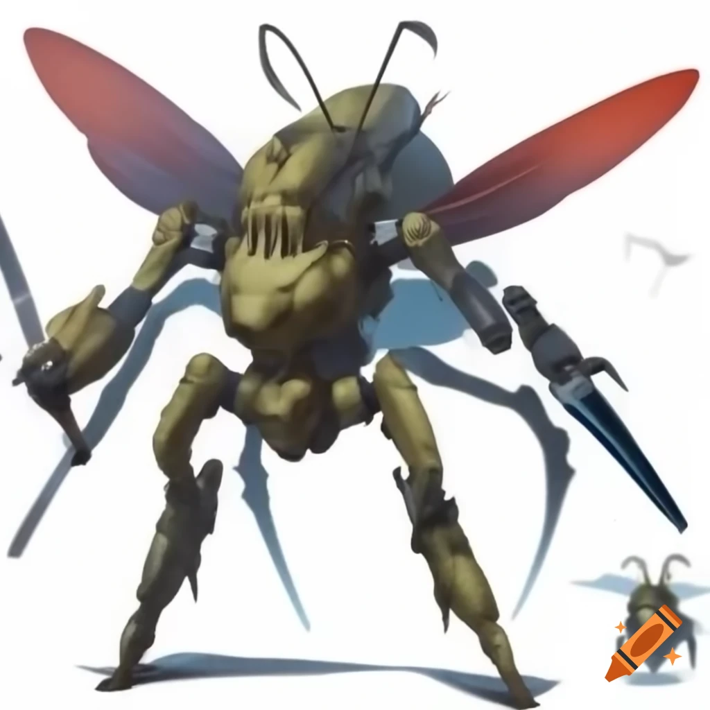 Insectoid humanoid combat mech with dagger and knight armor on white ...