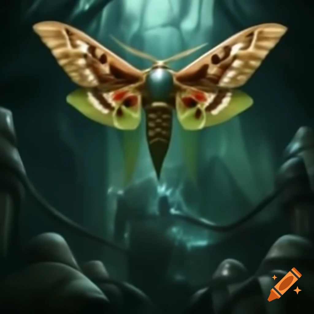 Moth flying around knights in battle, surreal scene on Craiyon