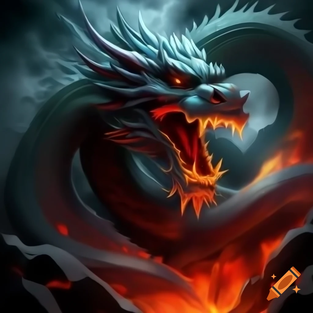 Hand-drawn Chinese dragon floating mid-air with crimson and black ...